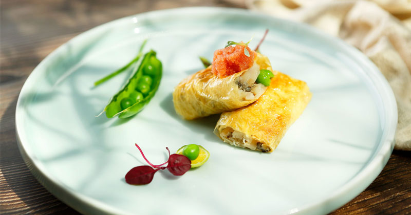 Pan-fried Pacific Cod rolled in Pollock Roe with Tofu Skin